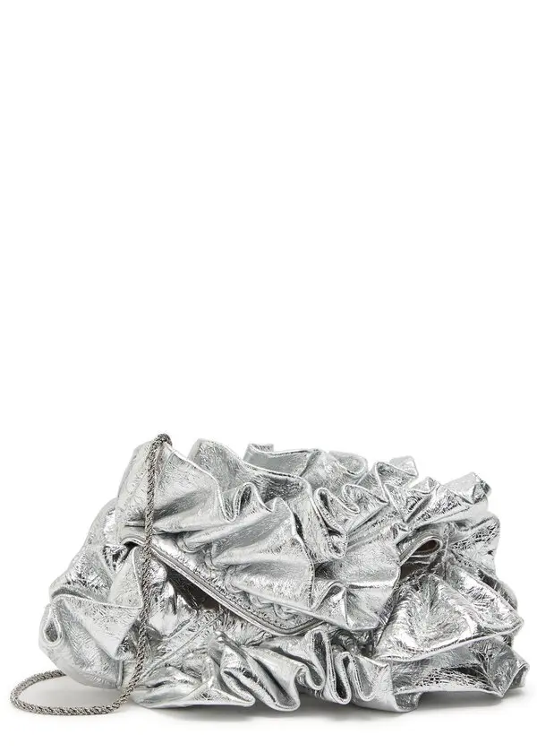 Dries Van Noten Ruffled Crinkled Metallic Leather Clutch - Silver