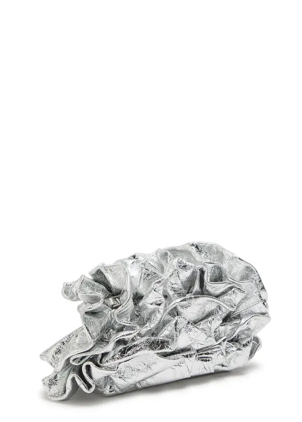 Dries Van Noten Ruffled Crinkled Metallic Leather Clutch - Silver