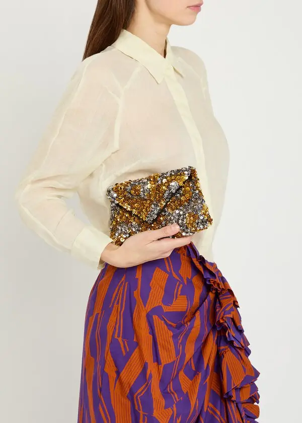 Dries Van Noten Embellished Satin Clutch - Silver