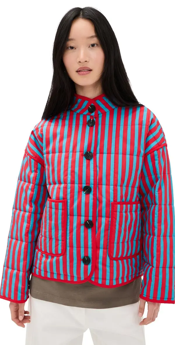Avec Les Filles Box Quilted Jacket - Sailor Blue/tomato Stripe