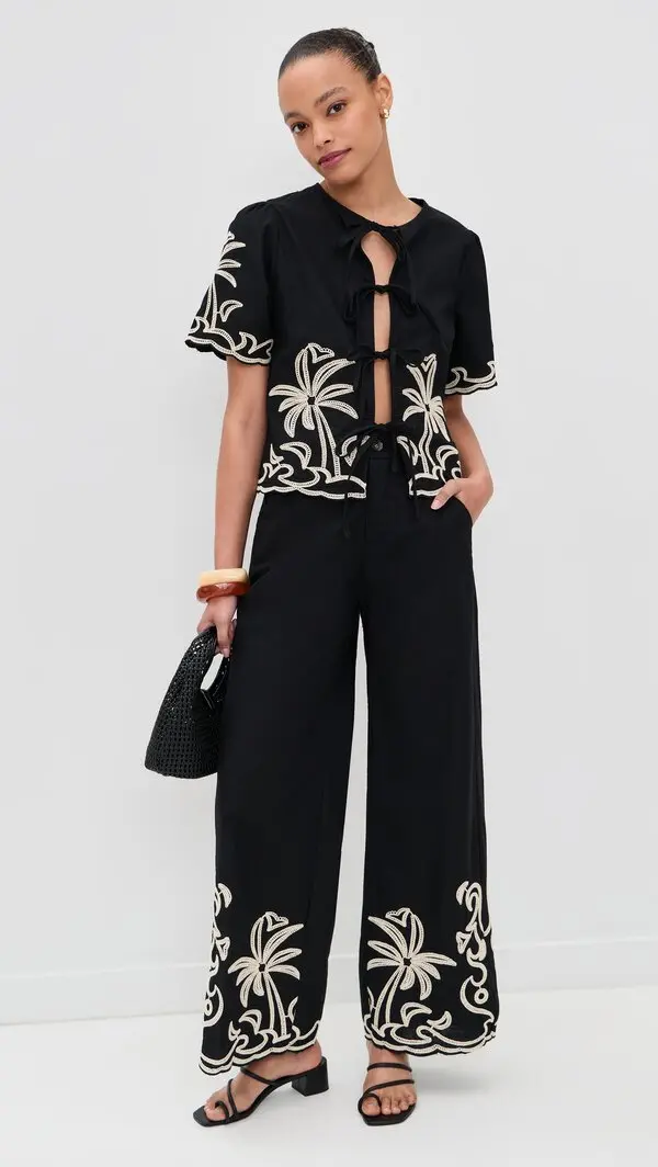 LITTLE LIES Palm Embroidery Wide Leg Pants