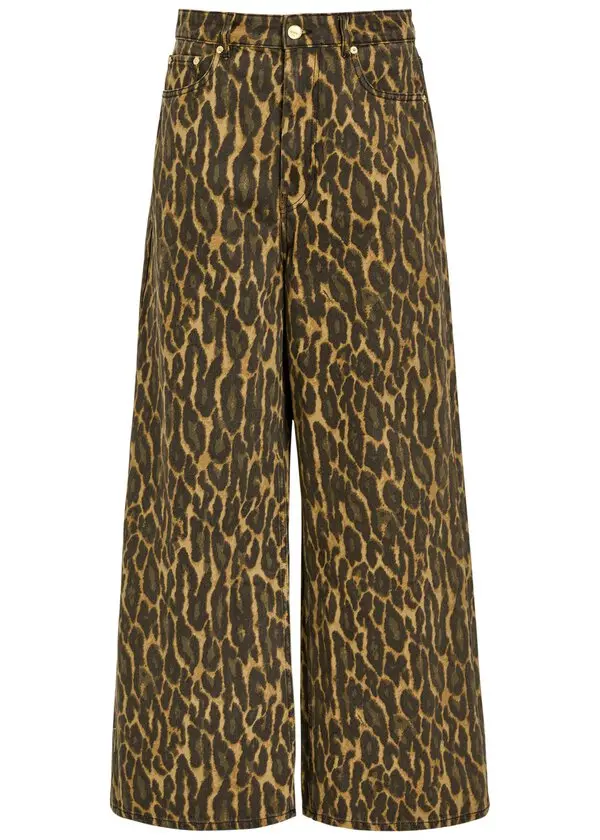 GANNI Leopard-print Wide-leg Jeans - Khaki