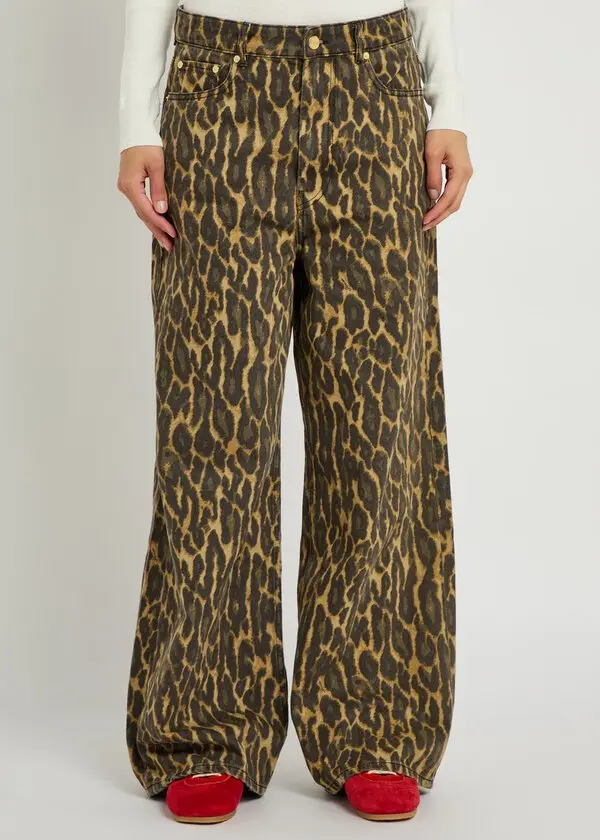 GANNI Leopard-print Wide-leg Jeans - Khaki