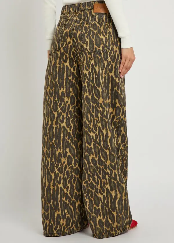 GANNI Leopard-print Wide-leg Jeans - Khaki