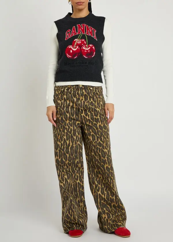 GANNI Leopard-print Wide-leg Jeans - Khaki