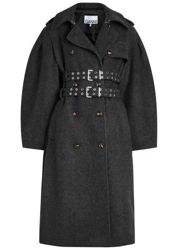 GANNI Belted Wool-blend Trench Coat