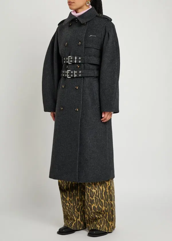 GANNI Belted Wool-blend Trench Coat