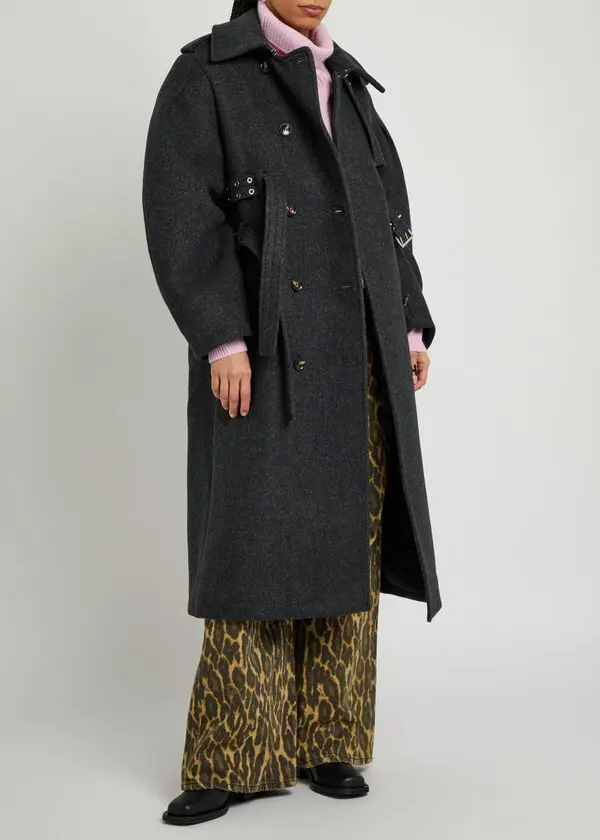 GANNI Belted Wool-blend Trench Coat