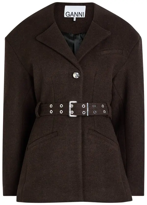 GANNI Belted Wool-blend Peacoat Jacket