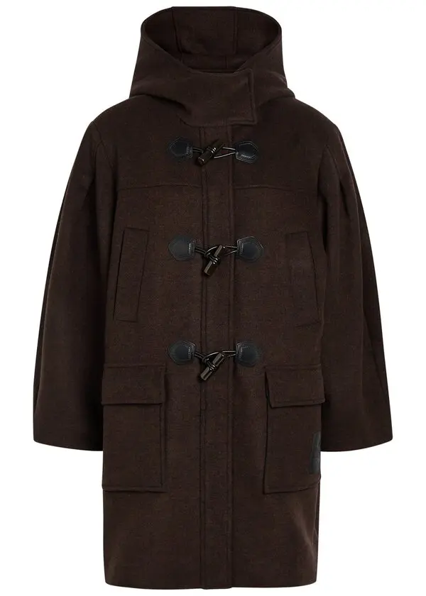 GANNI Logo-appliquéd Hooded Wool-blend Pea Coat - Dark Brown