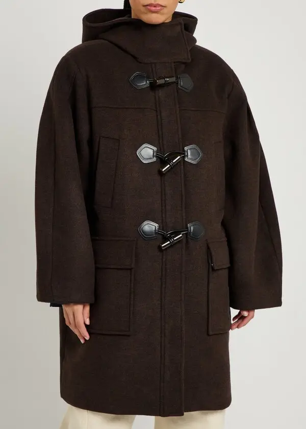 GANNI Logo-appliquéd Hooded Wool-blend Pea Coat - Dark Brown