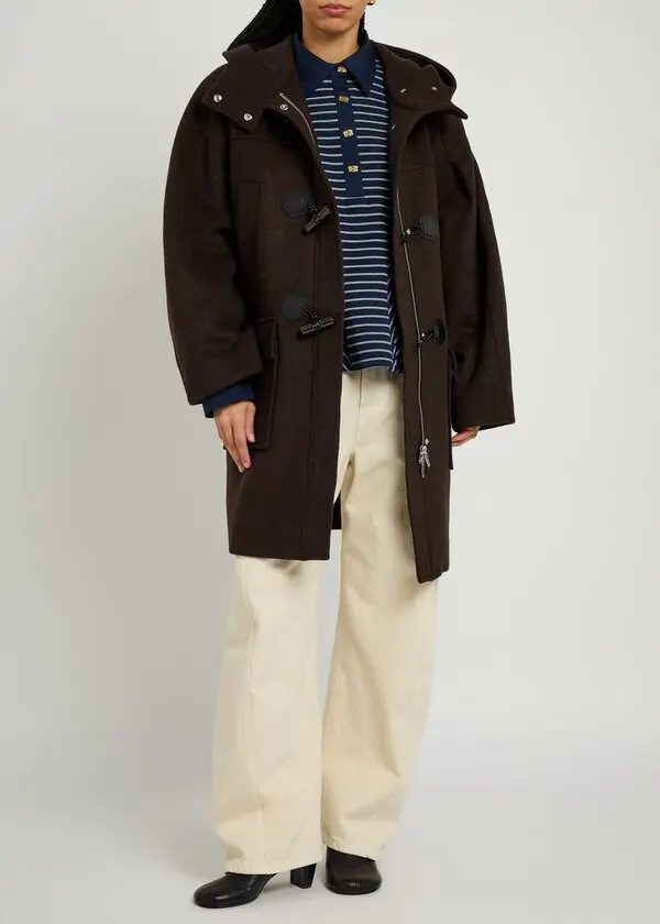 GANNI Logo-appliquéd Hooded Wool-blend Pea Coat - Dark Brown