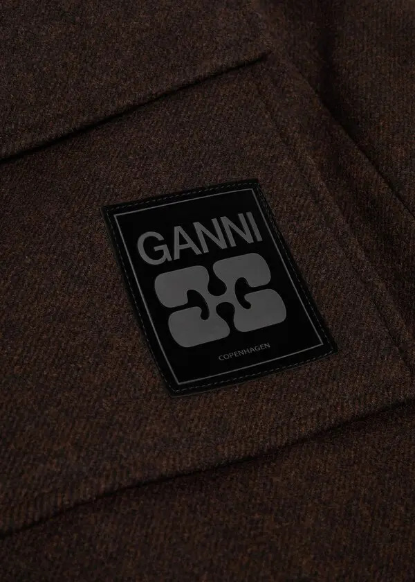 GANNI Logo-appliquéd Hooded Wool-blend Pea Coat - Dark Brown