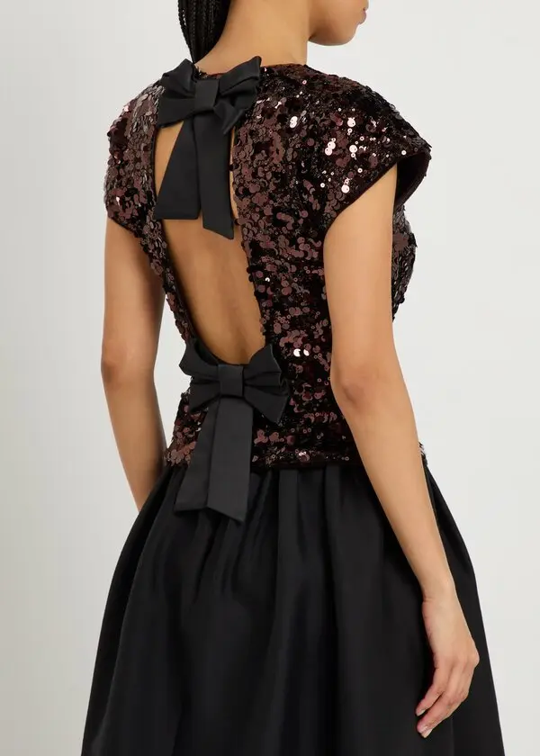 GANNI Sequin-embellished Velvet Top - Dark Brown