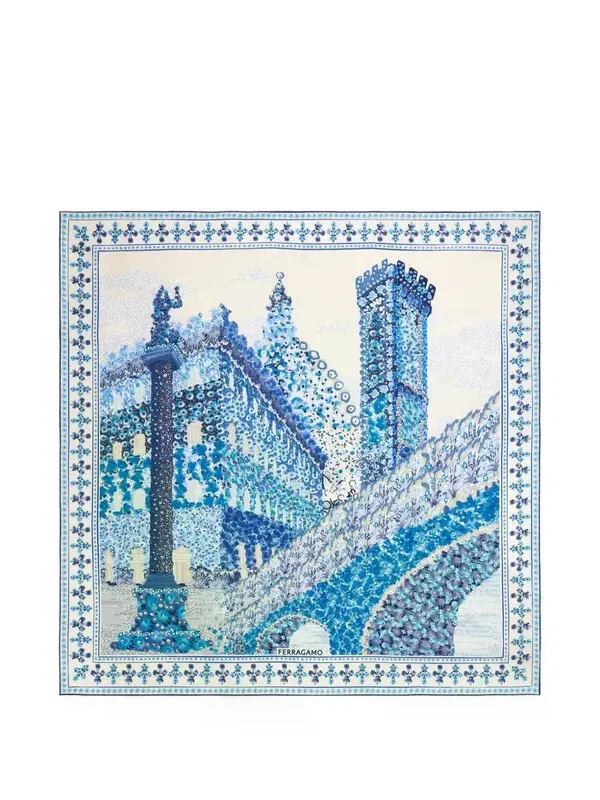 FERRAGAMO Palazzo Spini Feroni Print Silk Foulard - Blue