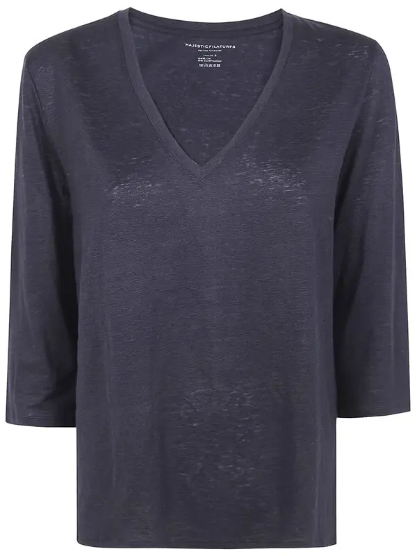 Majestic International Filatures Three Quarter Sleeve V-neck Shirt In Linen - Black