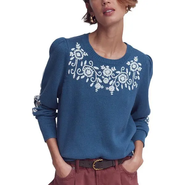 Boden Davina Embroidered Puff Sleeve Sweater