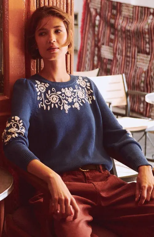 Boden Davina Embroidered Puff Sleeve Sweater