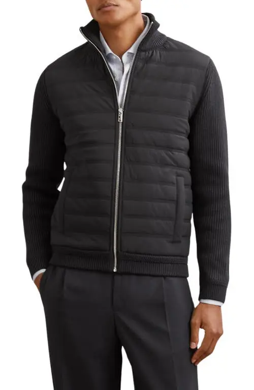 REISS Ribbed & Quilted Hybrid Jacket - Navy