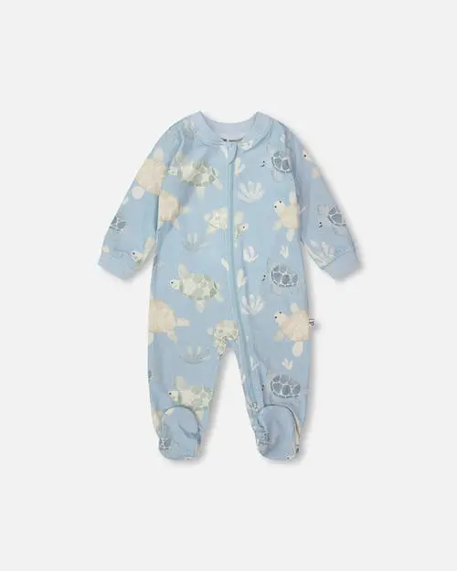 DEUX PAR DEUX Organic Cotton Jersey Turtle Footed One-piece Pyjama - Blue Turtle Print