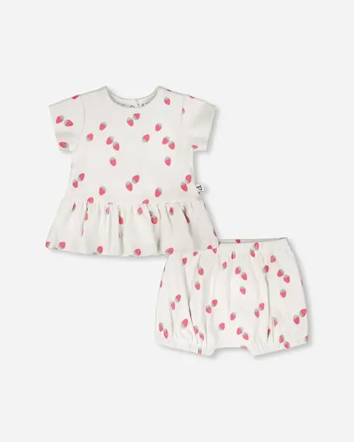 DEUX PAR DEUX Cotton Rib Jersey Strawberries Printed Top And Short Set - White Printed Strawberries