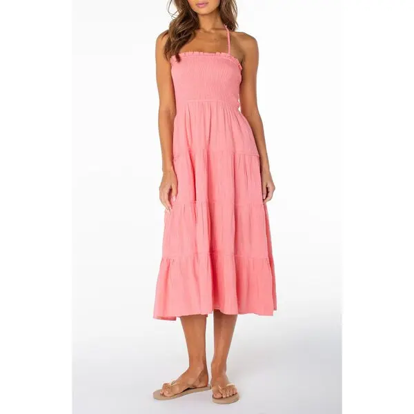 Roxy Ellie Smocked Midi Sundress - Strawberry Pink