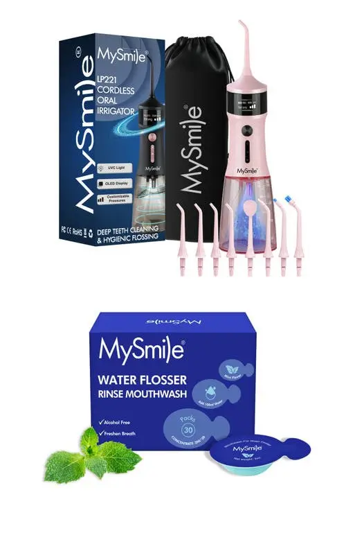MYSMILE Lp221 Cordless Uvc Sterilizable Water Flosser With Mouthwash Pods Bundle - Pink