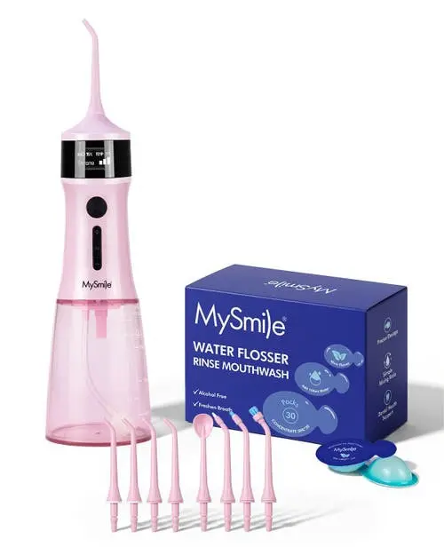 MYSMILE Lp221 Cordless Uvc Sterilizable Water Flosser With Mouthwash Pods Bundle - Pink