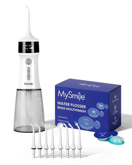 MYSMILE Lp221 Cordless Uvc Sterilizable Water Flosser With Mouthwash Pods Bundle - White