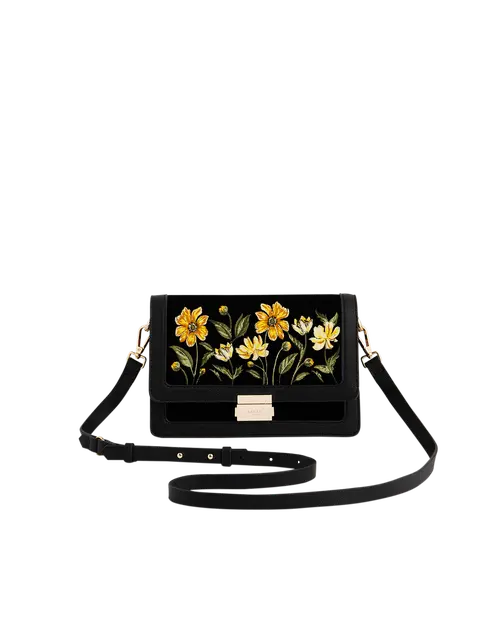 FABLE ENGLAND Botanical Velvet Embroidered Foldover Bag - Black