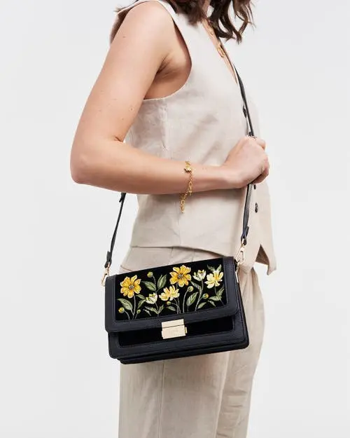 FABLE ENGLAND Botanical Velvet Embroidered Foldover Bag - Black