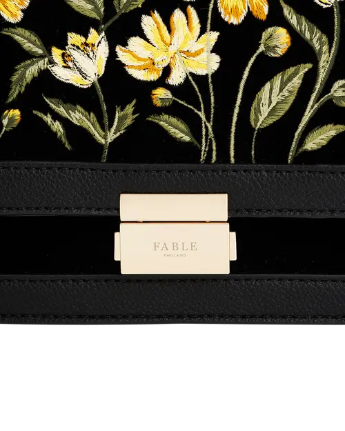 FABLE ENGLAND Botanical Velvet Embroidered Foldover Bag - Black