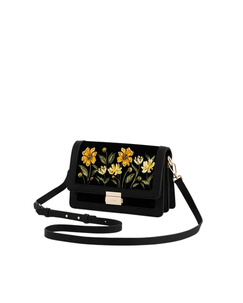 FABLE ENGLAND Botanical Velvet Embroidered Foldover Bag - Black