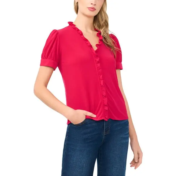 CECE DUPRAZ Ruffle Trim Button-up Knit Top - Rose Cerise