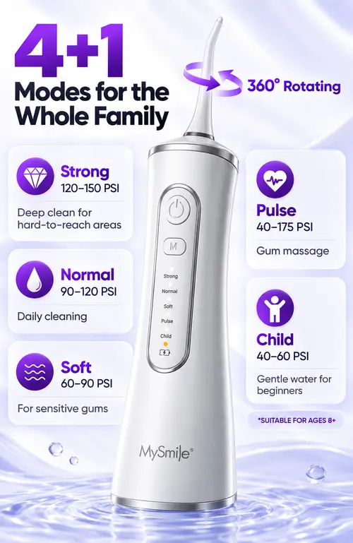 MYSMILE Lp211 Cordless Water Flossers For Teeth, 260ml Reservoir, 5 Cleaning Modes - White