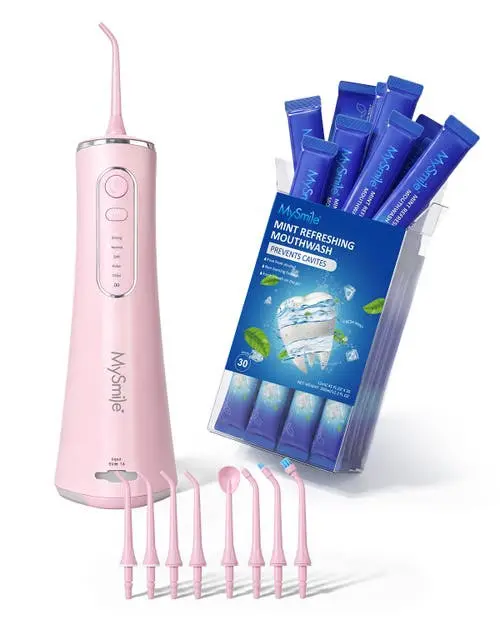 MYSMILE Lp211 Water Flosser With 30 Mint Refreshing Mouthwash Bundle - Light Pink