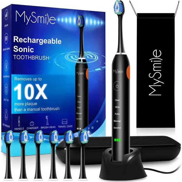 MYSMILE Rechargeable Sonic Electric Toothbrush For Adults, 6 Brush Heads - Black