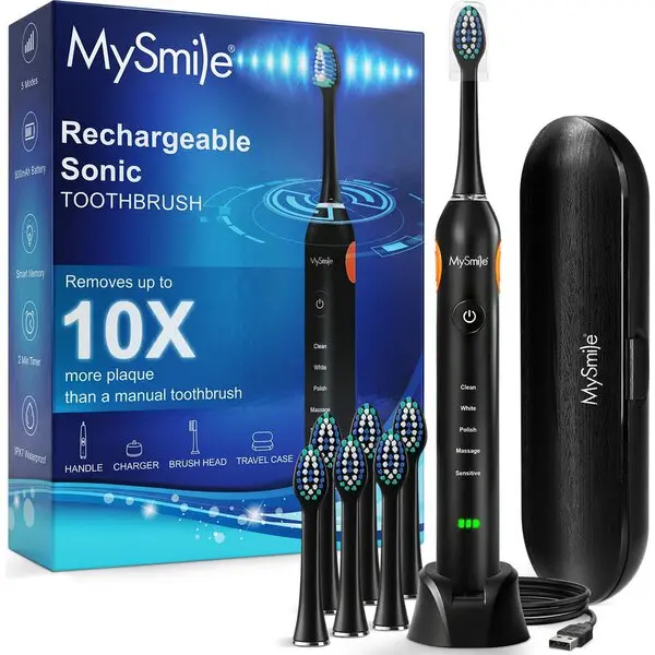 MYSMILE Rechargeable Sonic Electric Toothbrush For Adults - Black