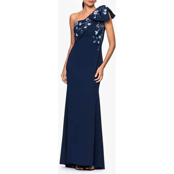 Betsy & Adam One-shoulder Floral Embroidered Gown