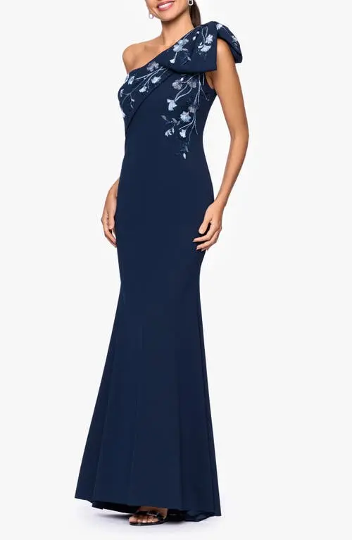 Betsy & Adam One-shoulder Floral Embroidered Gown