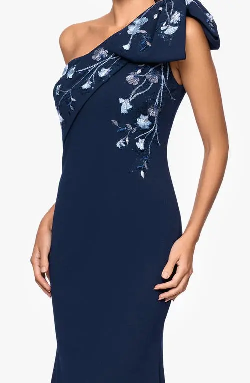Betsy & Adam One-shoulder Floral Embroidered Gown