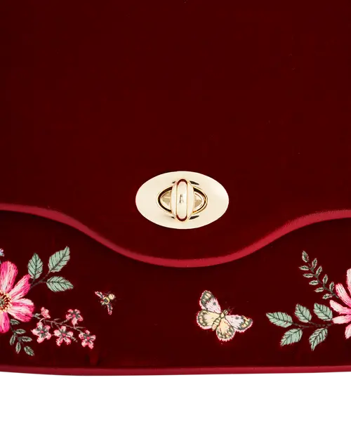 FABLE ENGLAND Mary Floral Embroidered Velvet Clutch - Dark Red