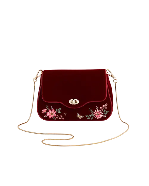 FABLE ENGLAND Mary Floral Embroidered Velvet Clutch - Dark Red
