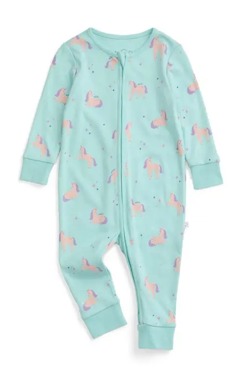 MORI Printed Two-way Zip Up Romper - Unicorn & Spa Blue