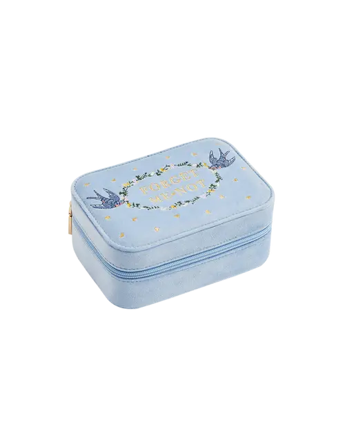 FABLE ENGLAND Forget Me Not Velvet Embroidered Large Jewellery Box - Light/pastel Blue