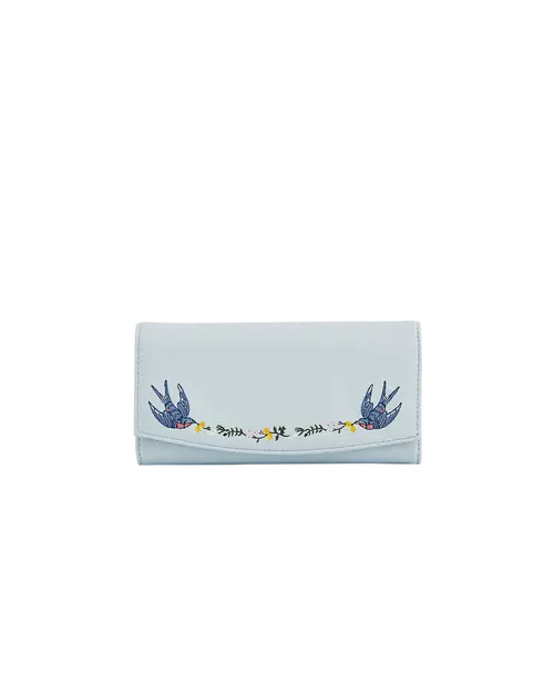FABLE ENGLAND Swallow Embroidered Large Purse - Light/pastel Blue