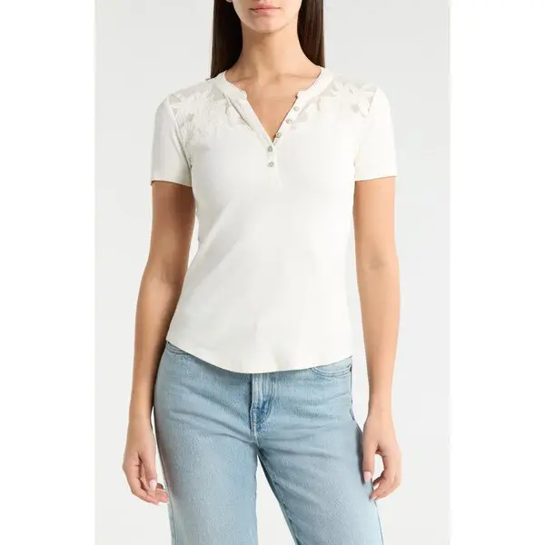 Lucky Brand Cutwork Henley Top - Whisper White
