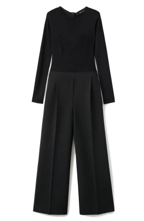 Mango Long Sleeve Wide Leg Mixed Media Jumpsuit - Black