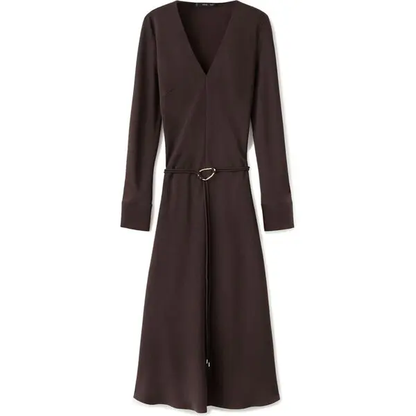 Mango Belted Long Sleeve Midi Dress - Brown