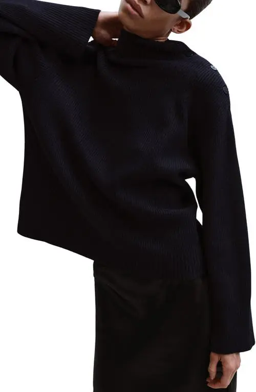 Mango Shoulder Button Mock Neck Sweater - Dark Navy